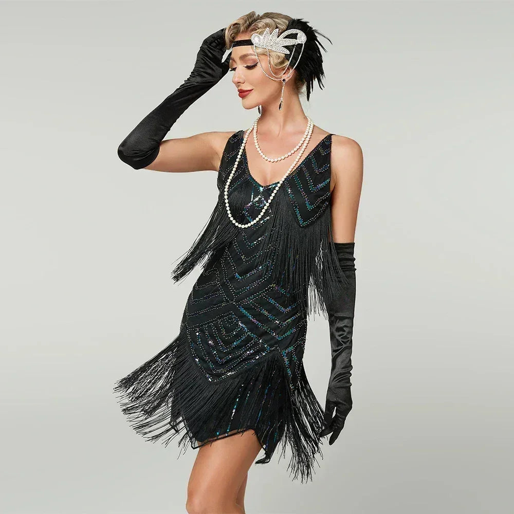 1920s Flapper Dress - Sequin Beaded Gatsby Fringe Mini - Plus Size ...